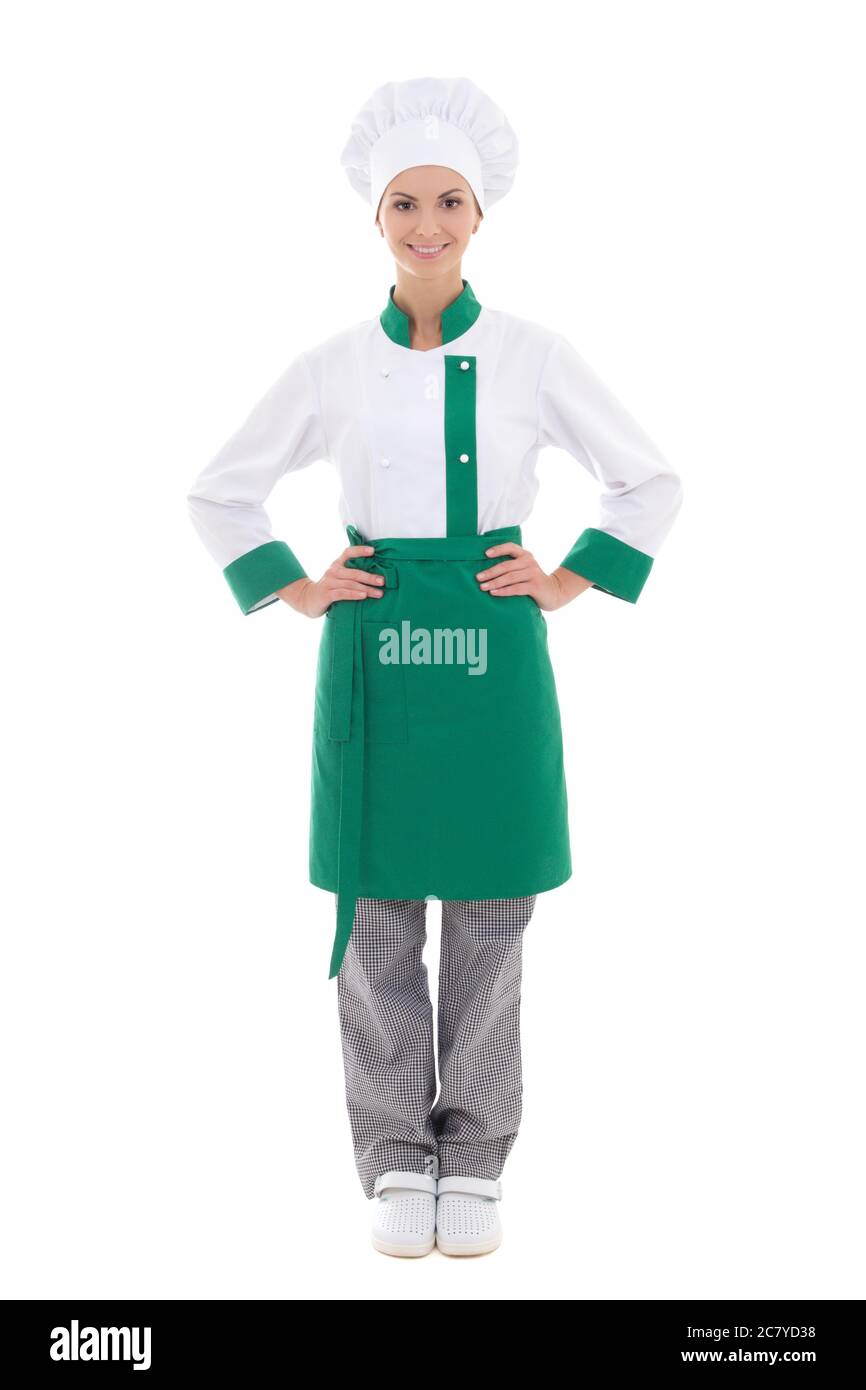 happy chef woman in uniform - full length isolated on white background ...