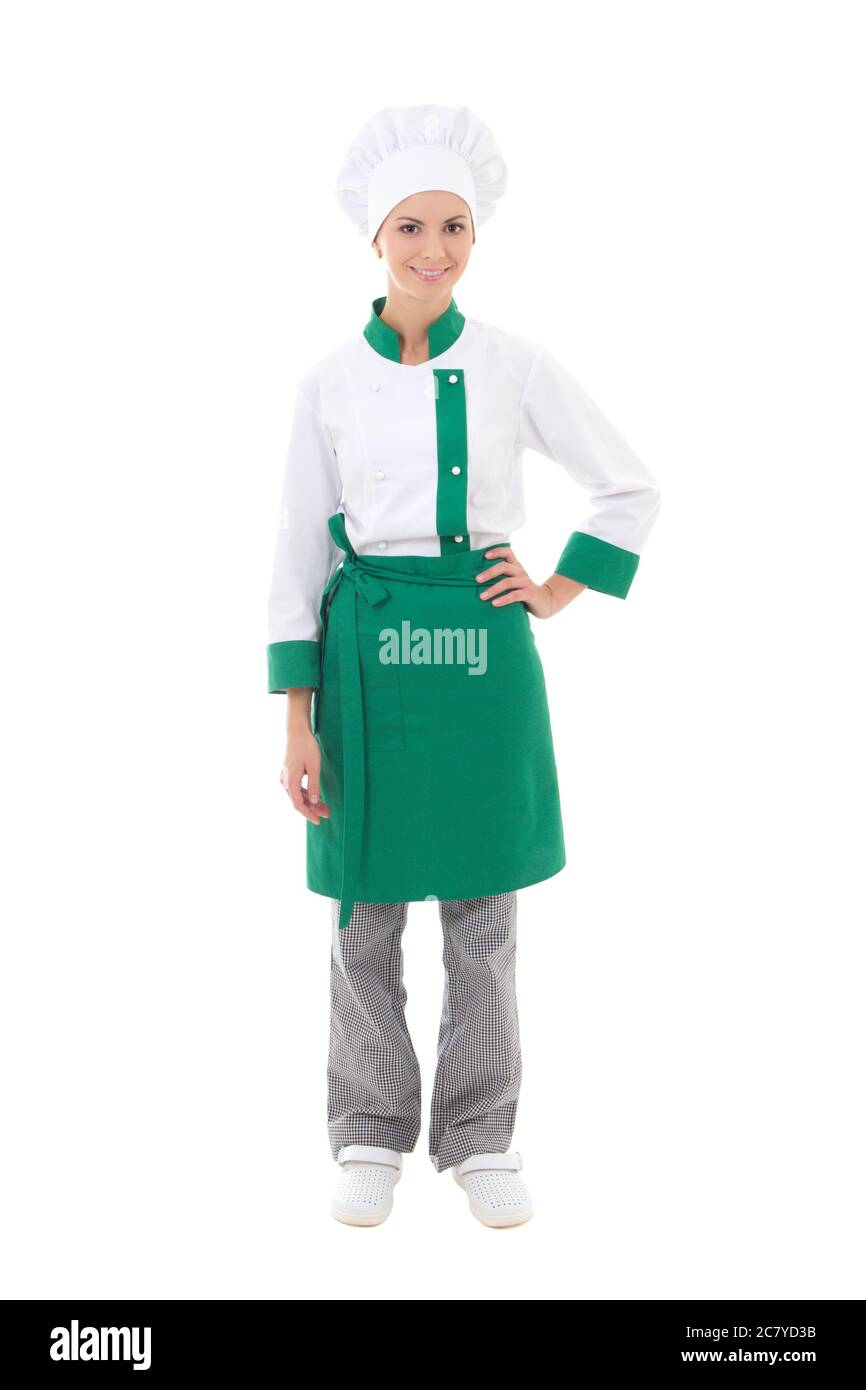 young chef woman in uniform - full length isolated on white background ...