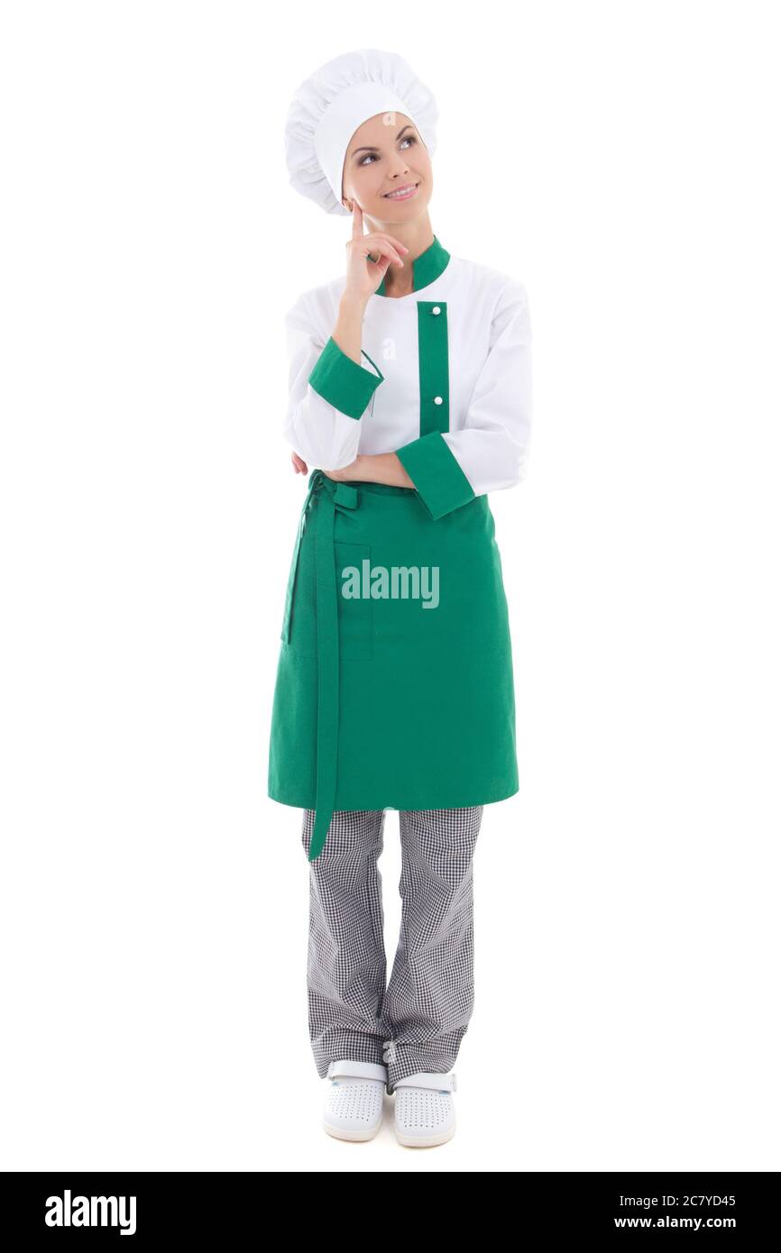 young attractive chef woman dreaming or thinking about something - full ...