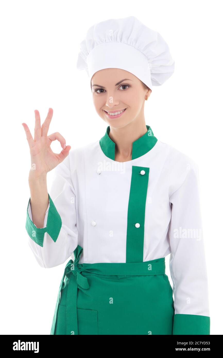 young chef woman showing ok sign isolated on white background Stock ...