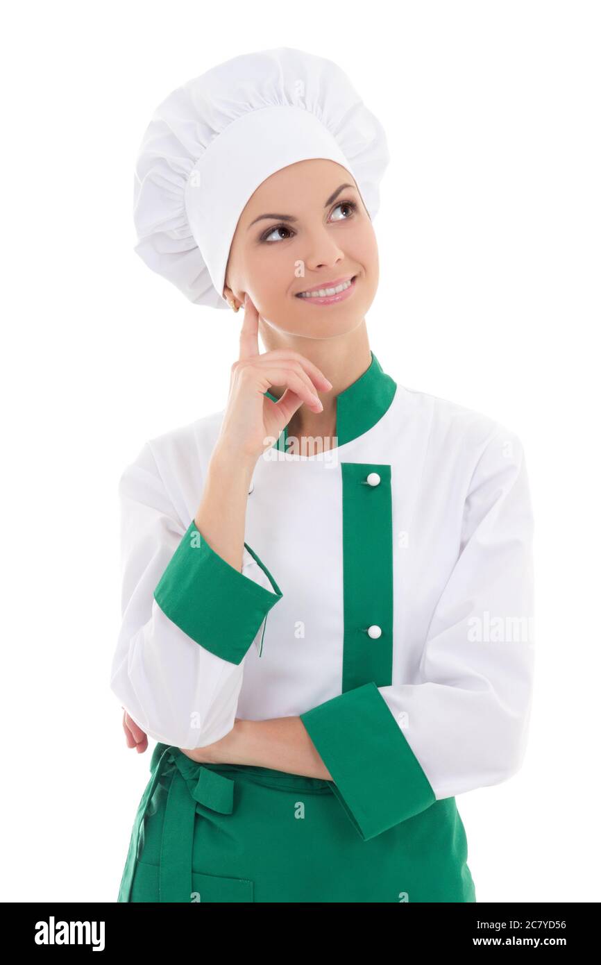 young attractive chef woman dreaming or thinking about something ...