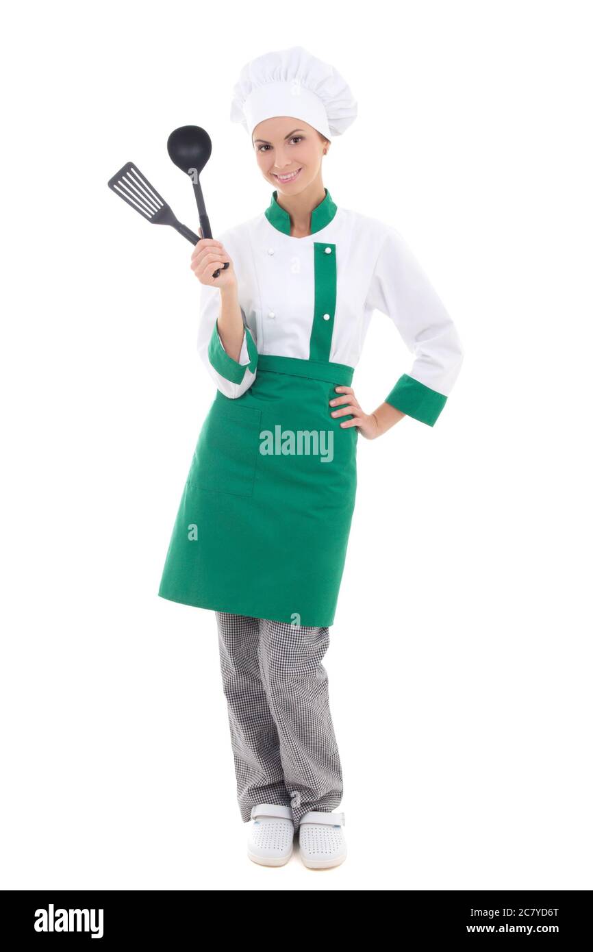 happy woman in chef uniform with kitchen tools - full length isolated ...