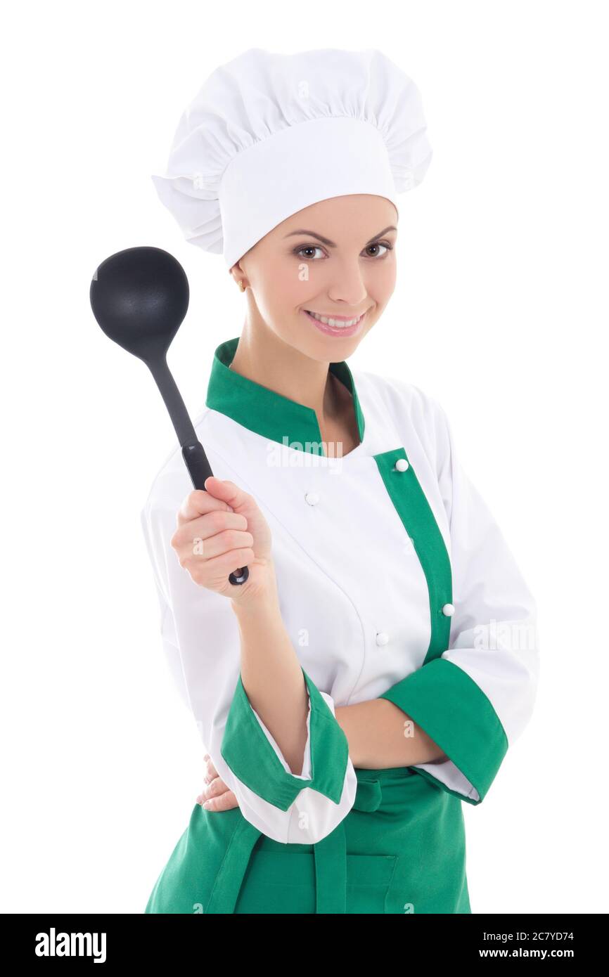 portrait of young attractive woman chef with big plastic scoop isolated ...