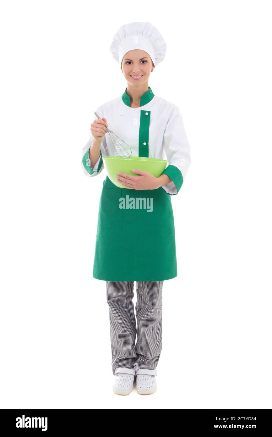 young woman in chef uniform mixing something in green plastic bowl ...