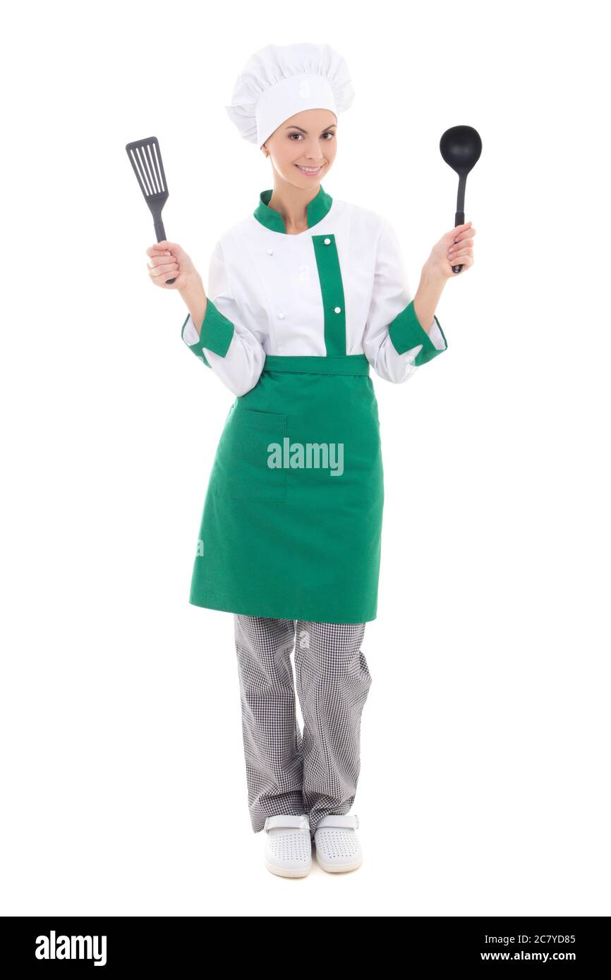 woman in green chef uniform - full length isolated on white background ...
