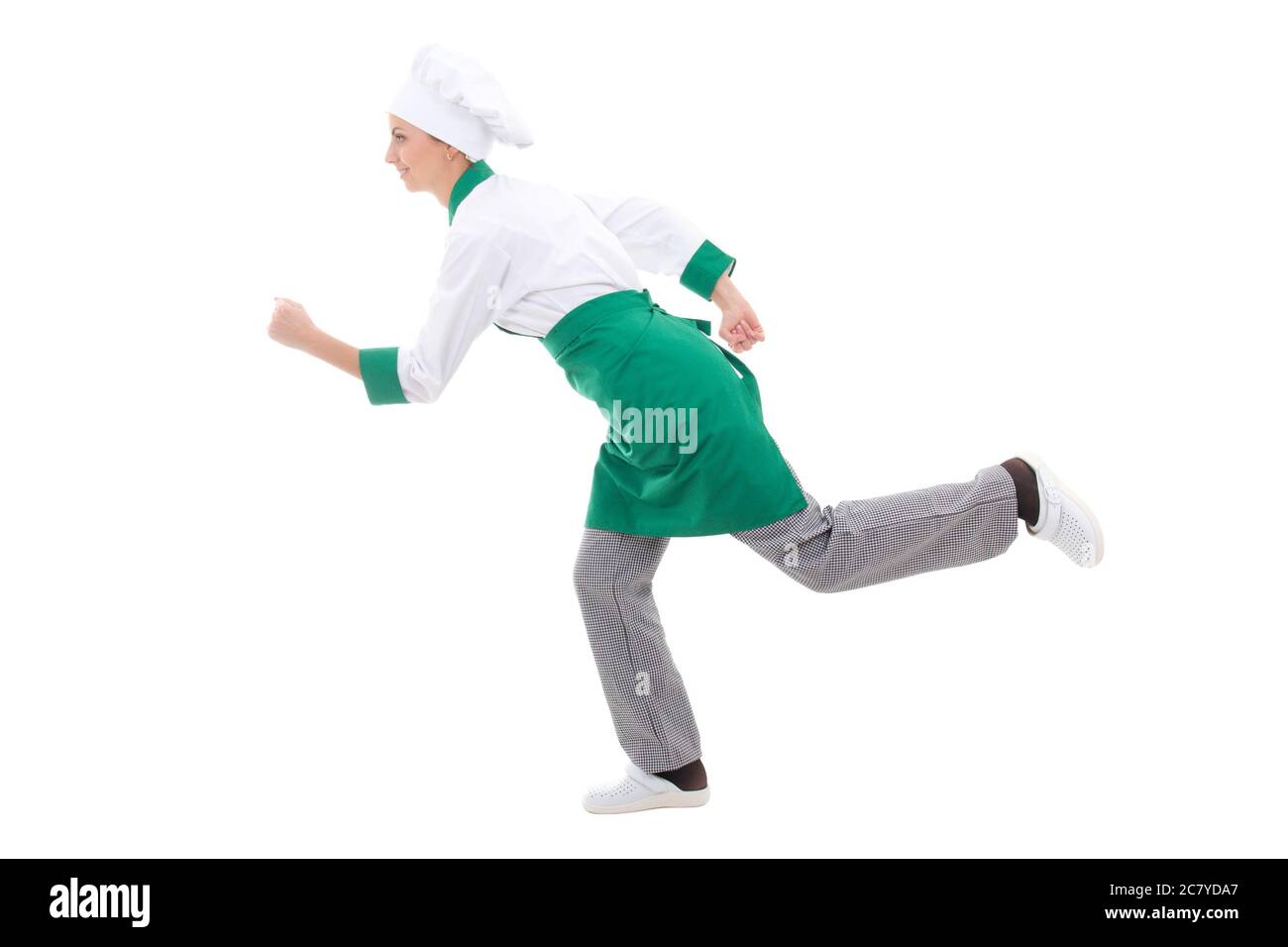 fast food concept - happy woman in chef uniform running isolated on ...