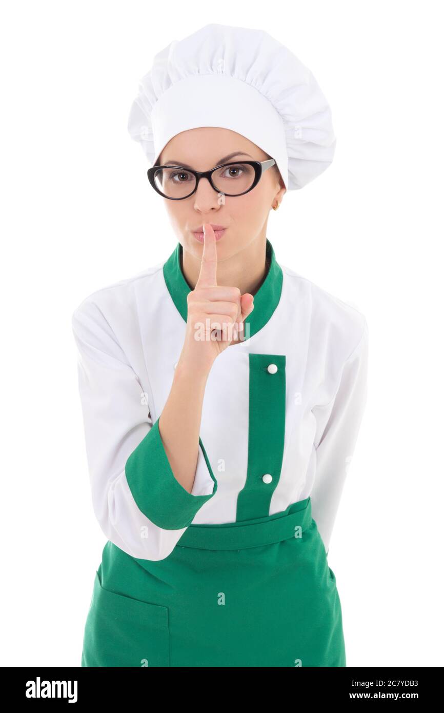 young beautiful woman chef showing silence sign isolated on white ...