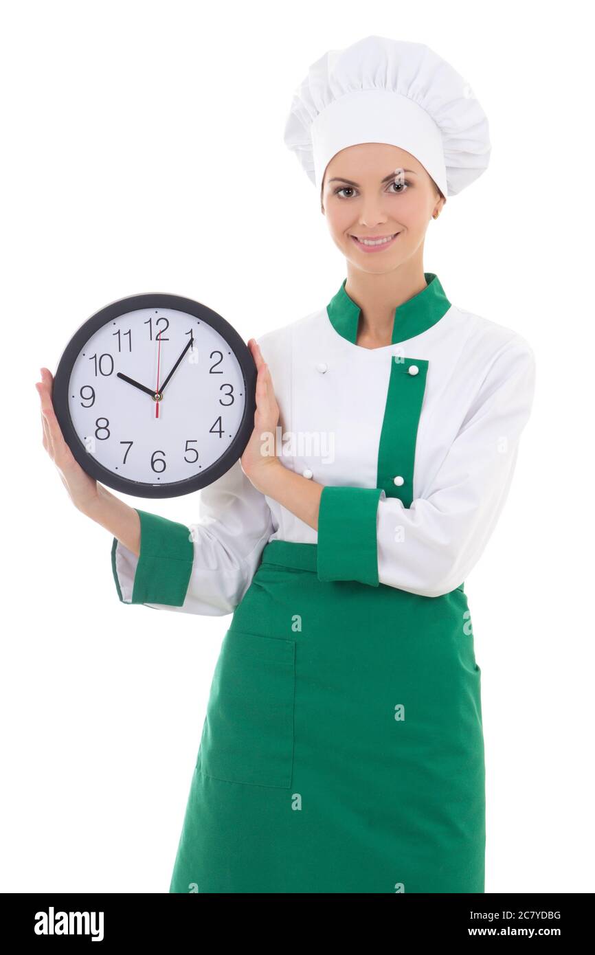 young attractive woman in chef uniform with office clock isolated on ...