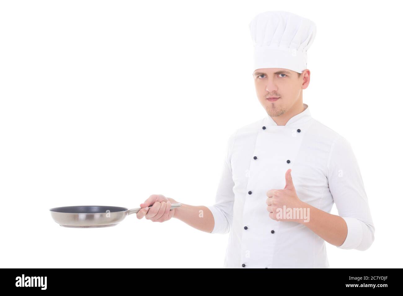 man in chef uniform thumbs up and holding frying pan isolated on white ...