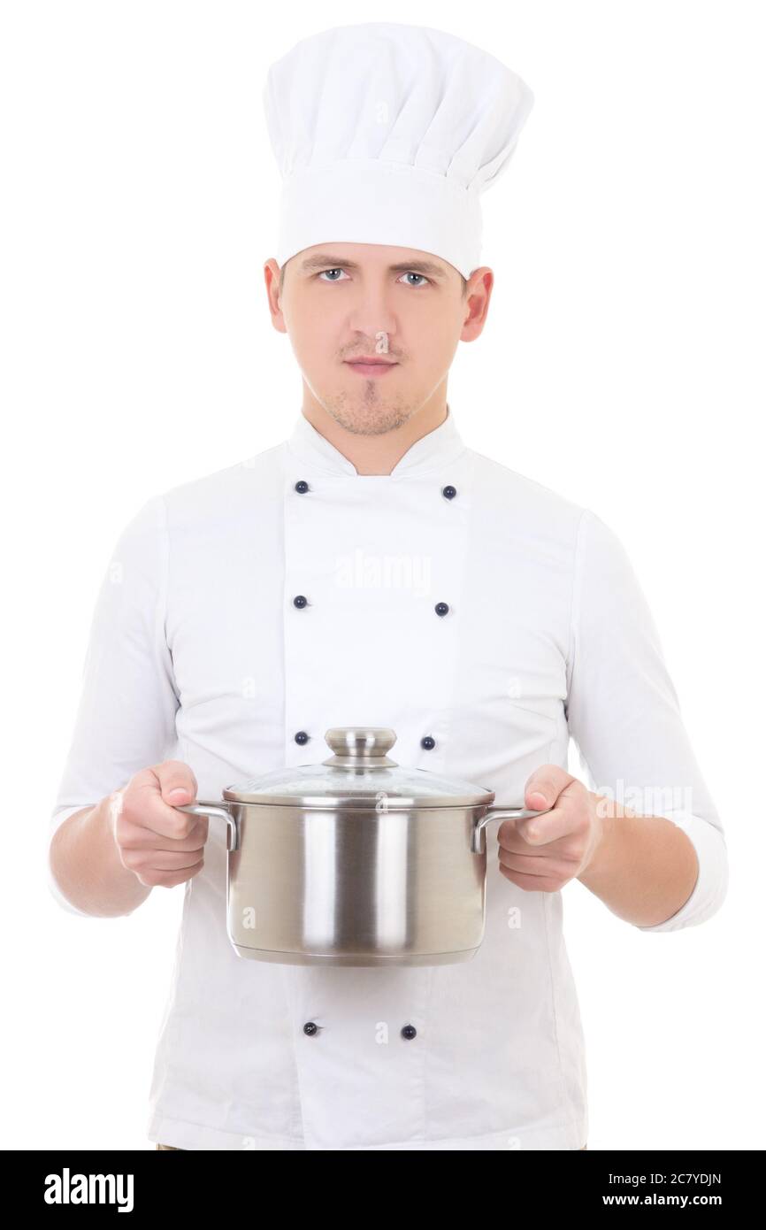 young man in chef uniform with saucepan isolated on white Stock Photo ...