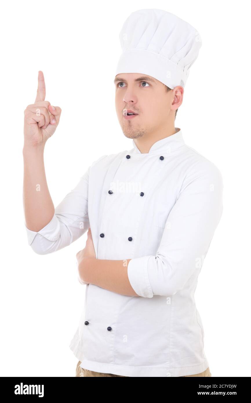 young man chef showing idea sign isolated on white background Stock ...