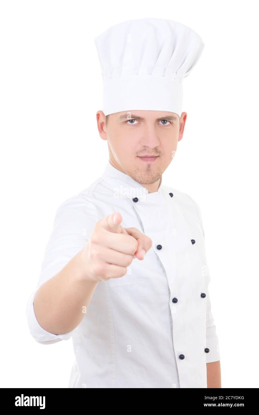 young handsome man chef pointing at you isolated on white background ...