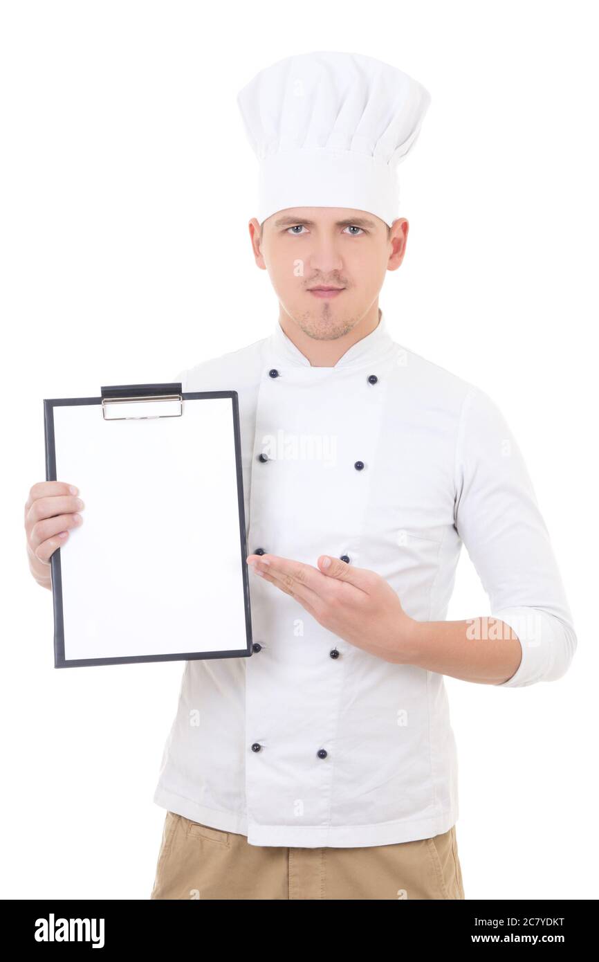 young man in chef uniform showing clipboard with copy space isolated on ...