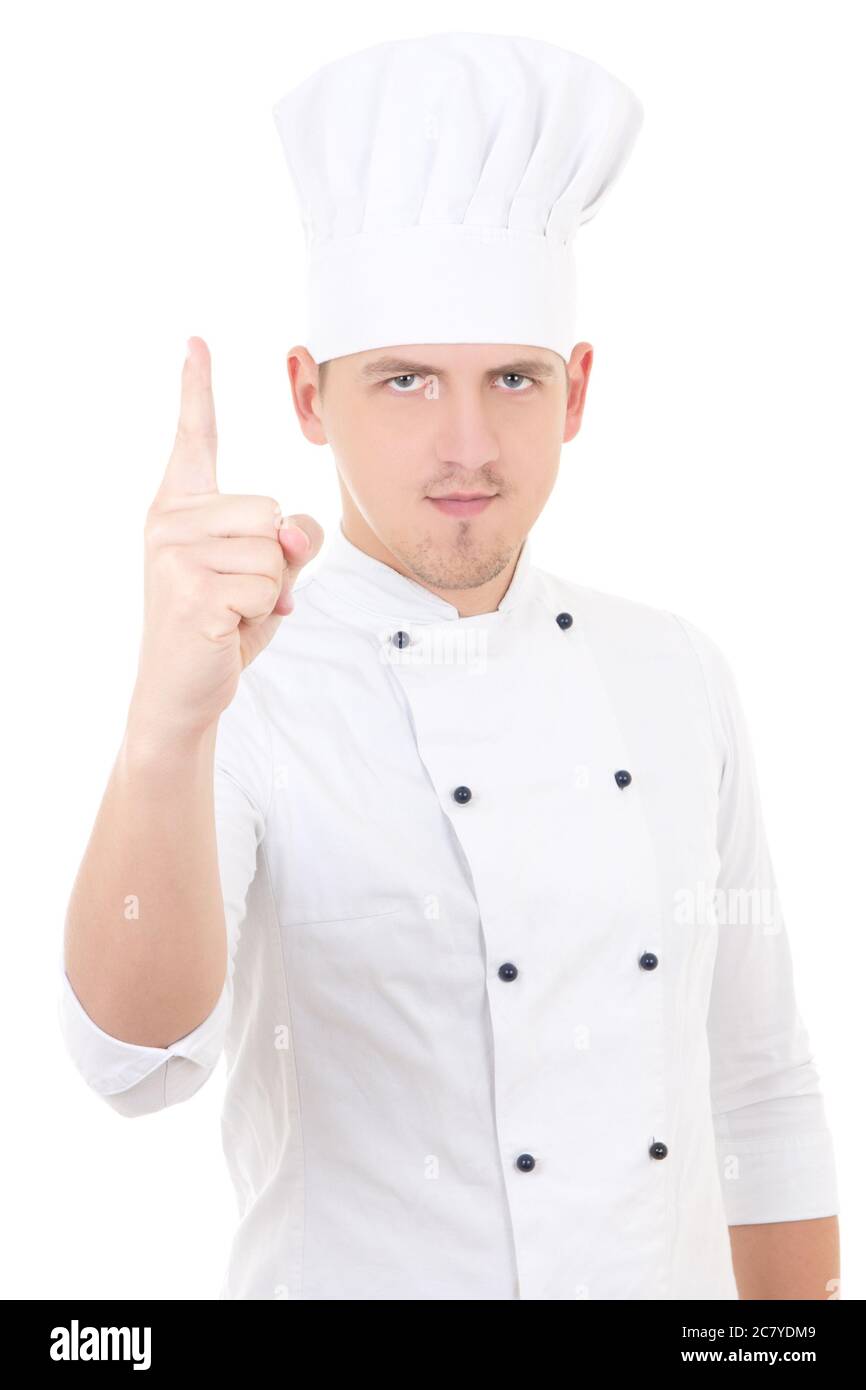 young handsome man chef showing finger up isolated on white background ...