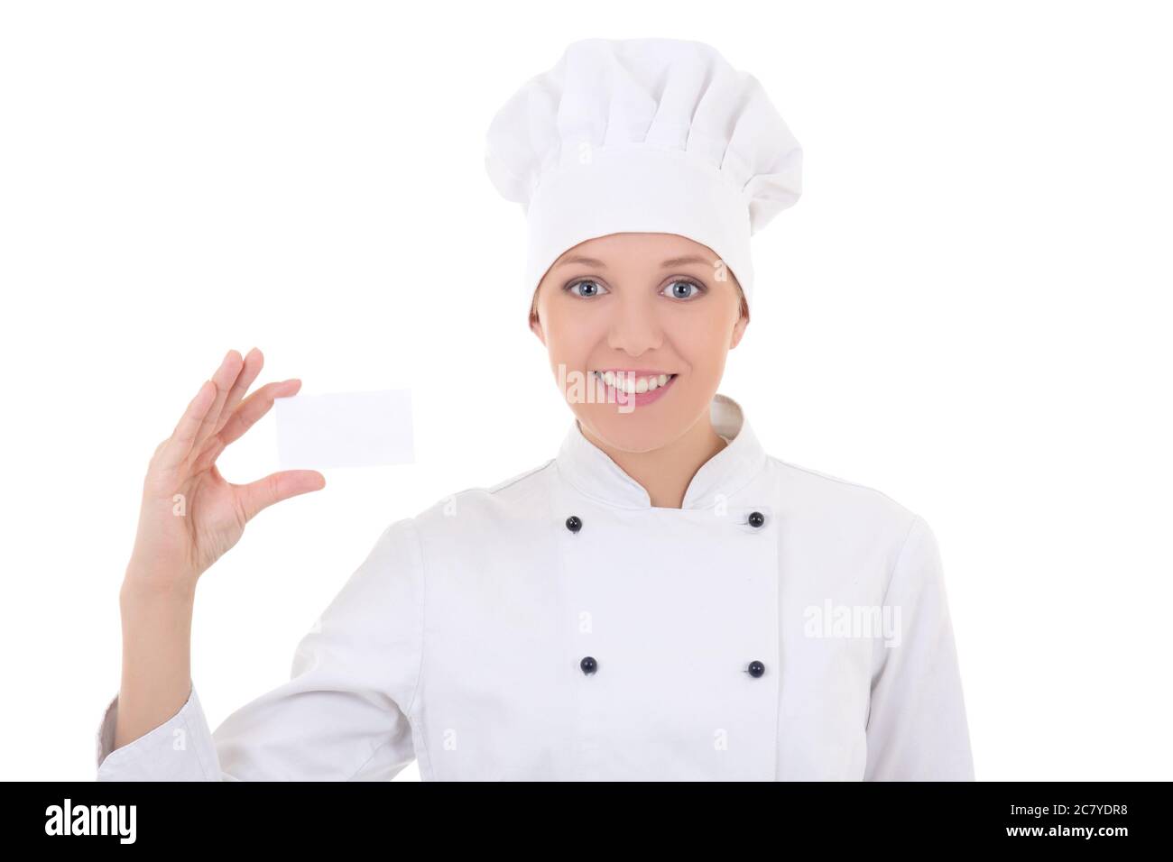 young woman chef in uniform showing visiting card isolated on white ...