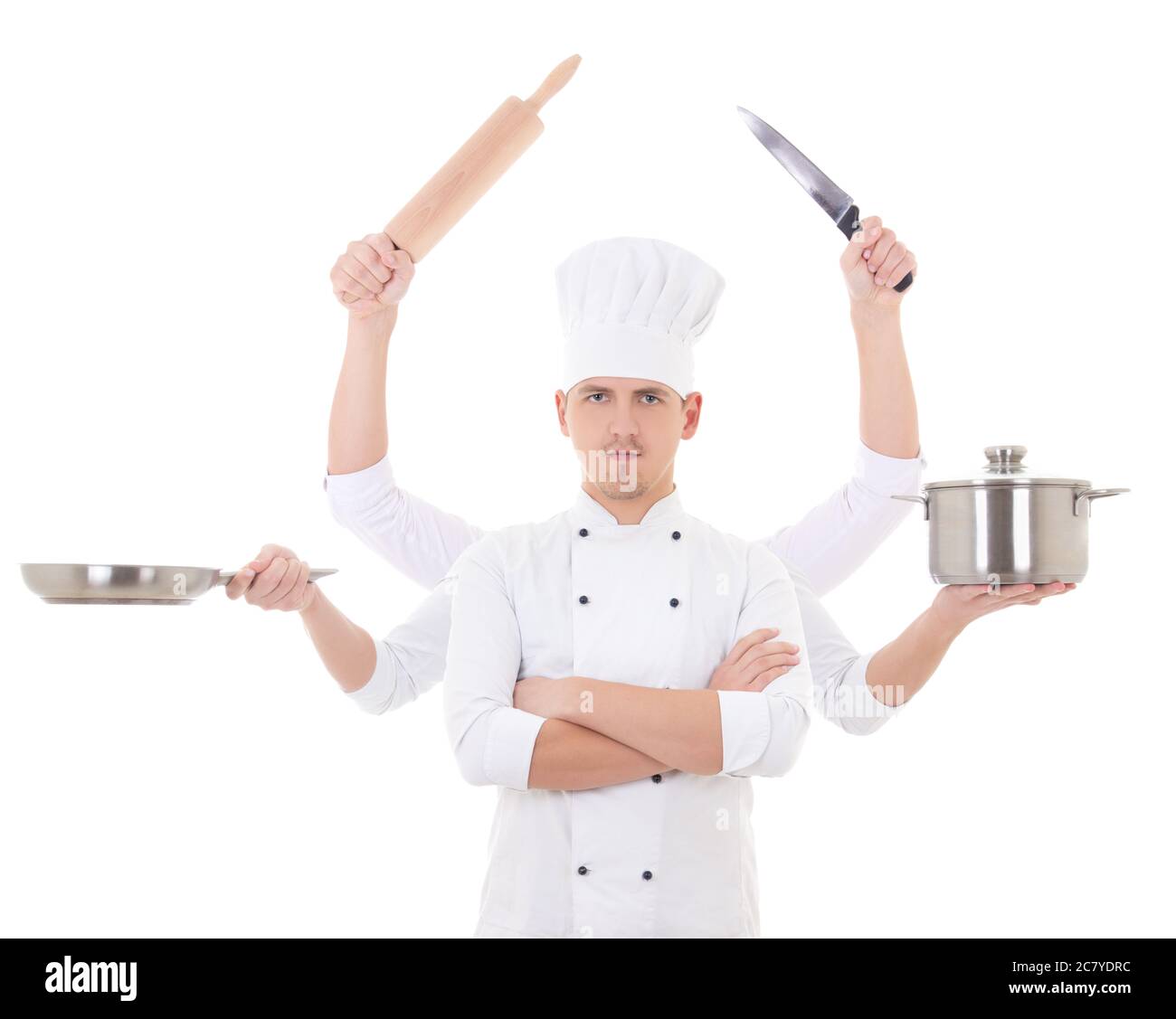 cooking concept -young man in chef uniform with six hands holding ...