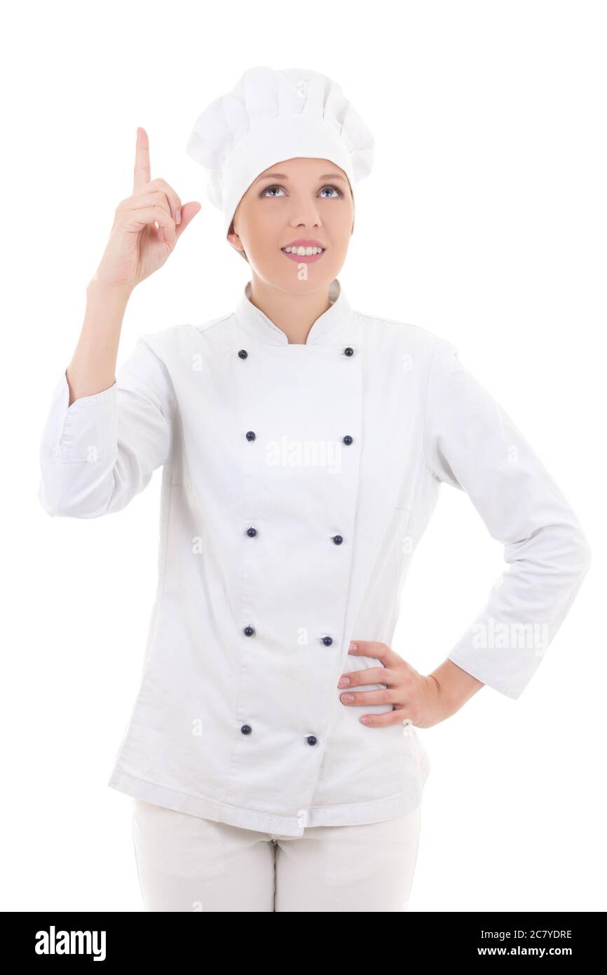 young woman chef pointing finger up isolated on white background Stock ...