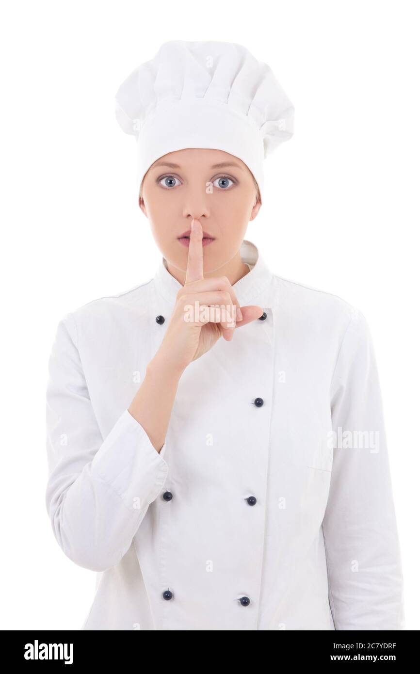 young attractive woman chef showing silence sign isolated on white ...