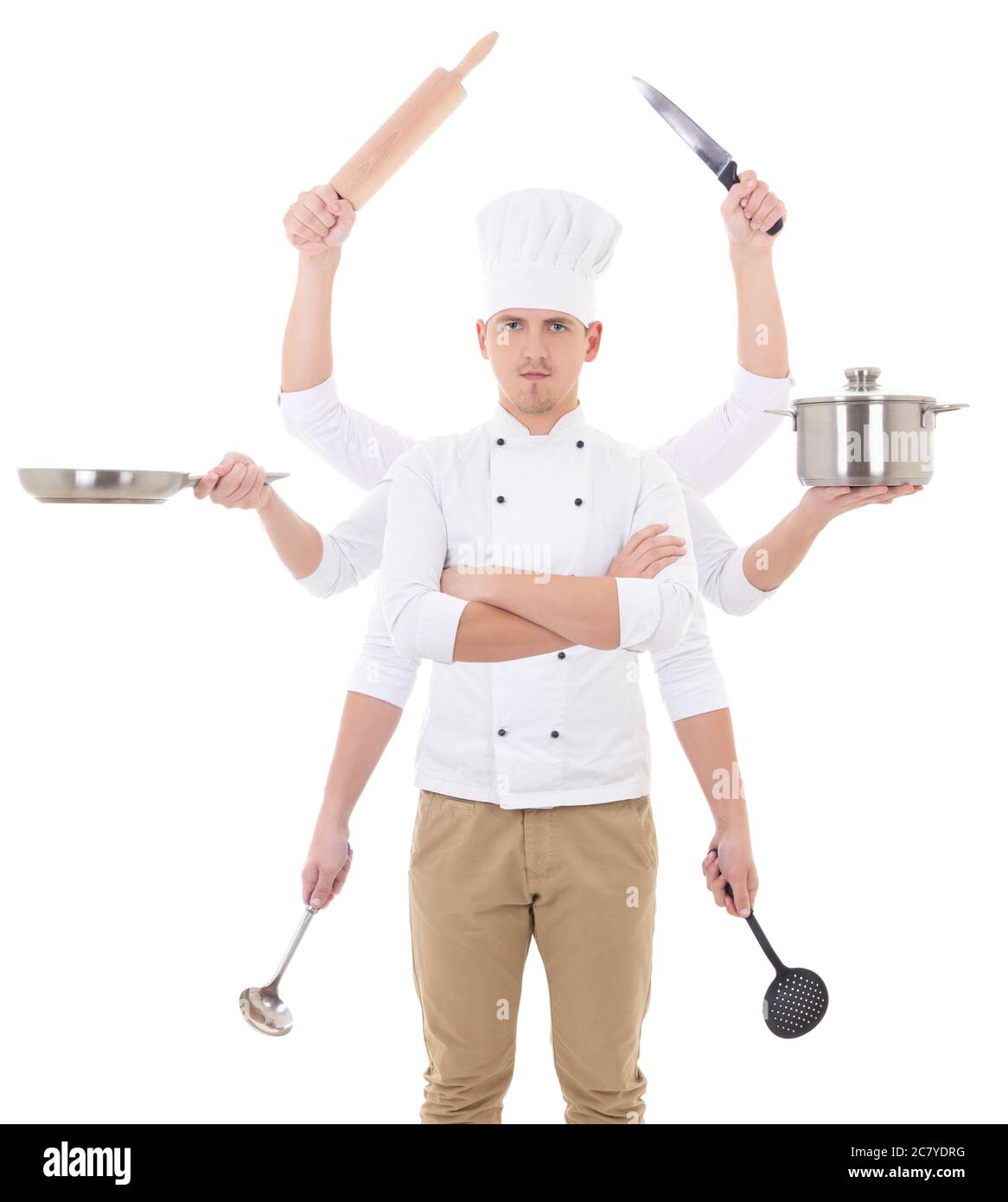 cooking concept -young man in chef uniform with 8 hands holding kitchen ...