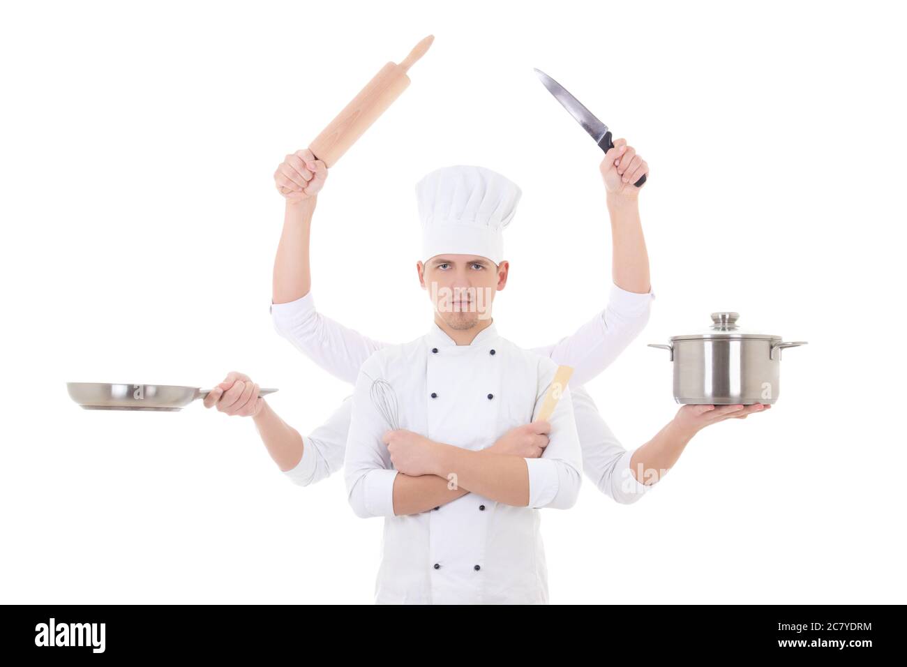 cooking concept -young man chef with 6 hands holding kitchen equipment ...