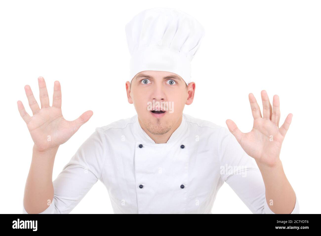 funny shocked man in chef uniform isolated on white background Stock ...