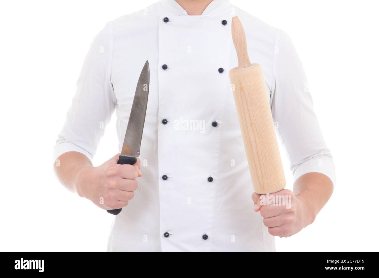wooden baking rolling pin and knife in chef hands isolated on white ...