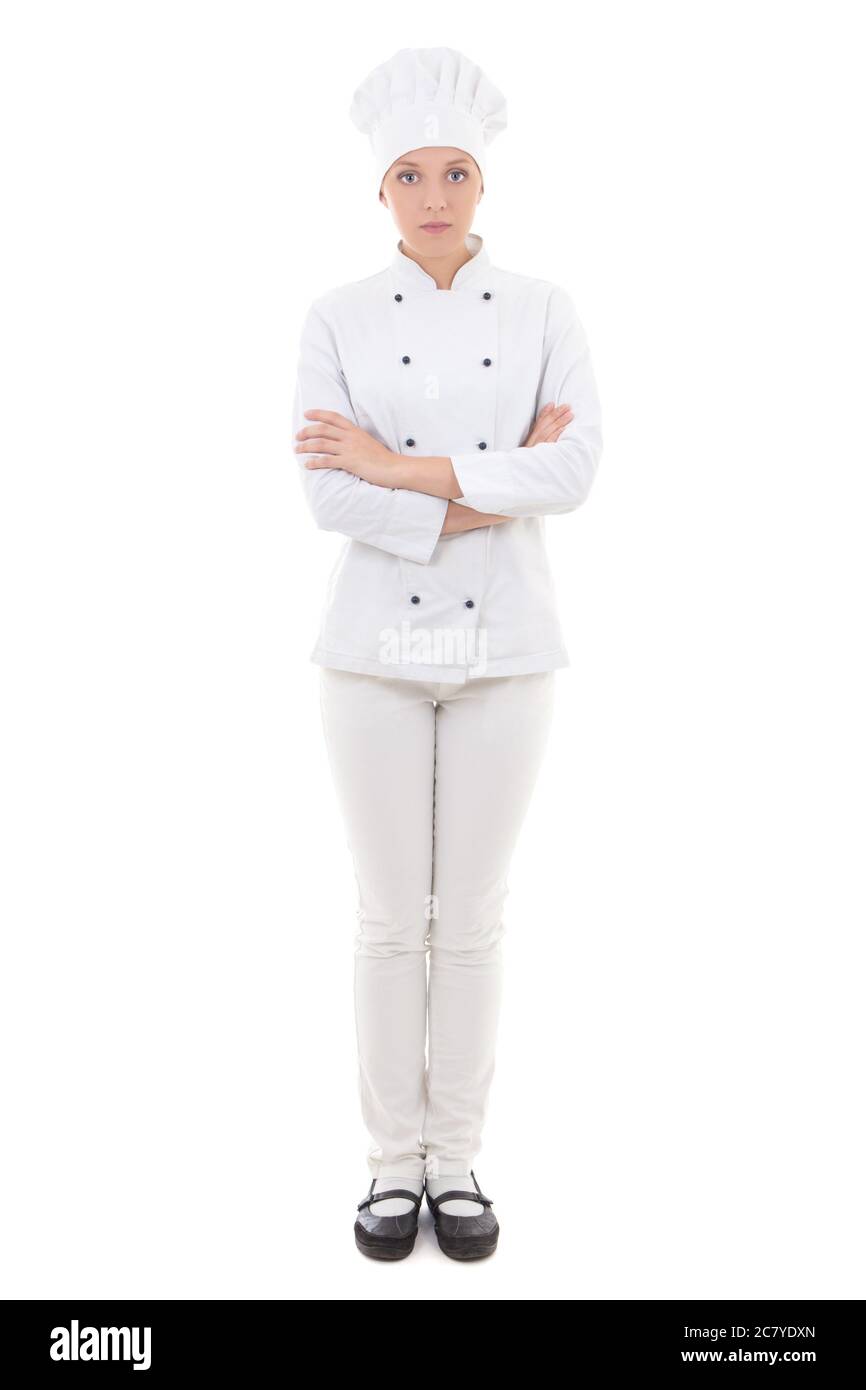 full length portrait of young woman in chef uniform isolated on white ...