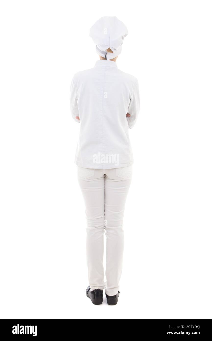 full length back view of young woman in chef uniform isolated on white ...