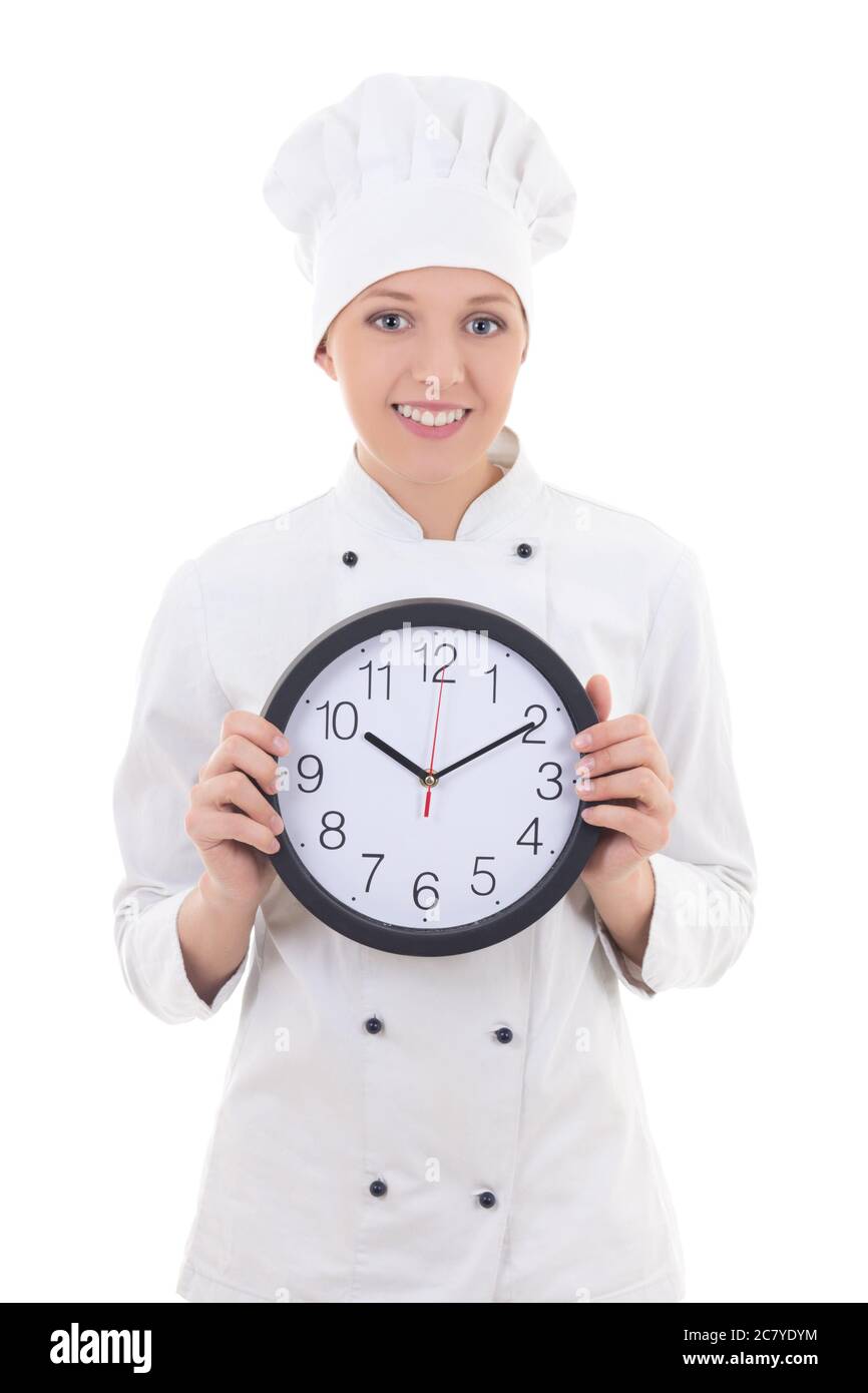 young woman chef in uniform holding office clock isolated on white ...