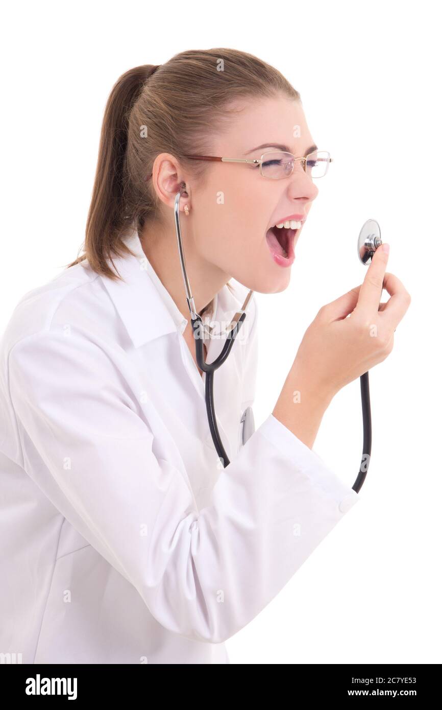 young female doctor screaming in stethoscope isolated on white ...