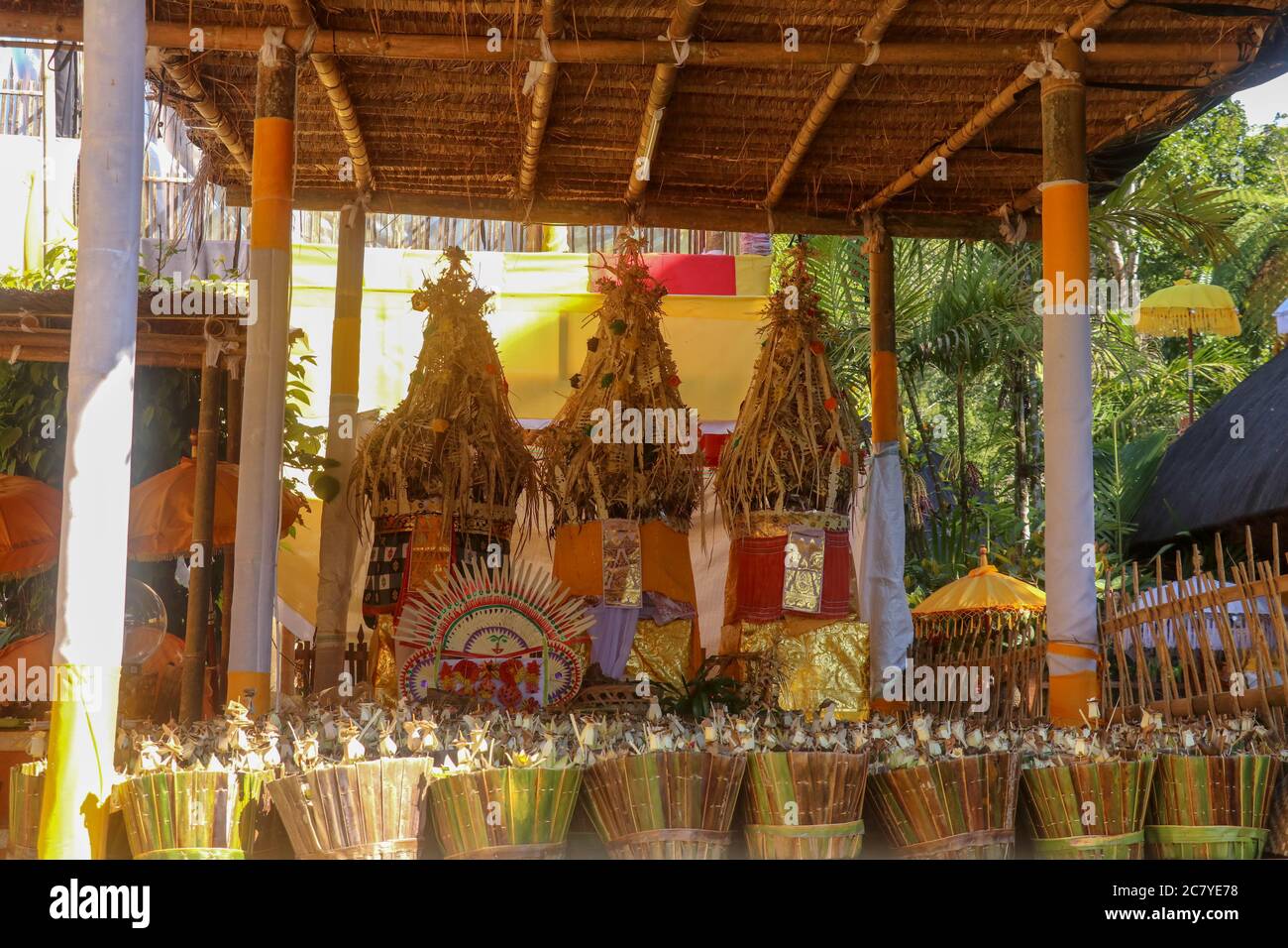Hindu offerings prepared for ceremonies at Batukaru Temple on Bali ...