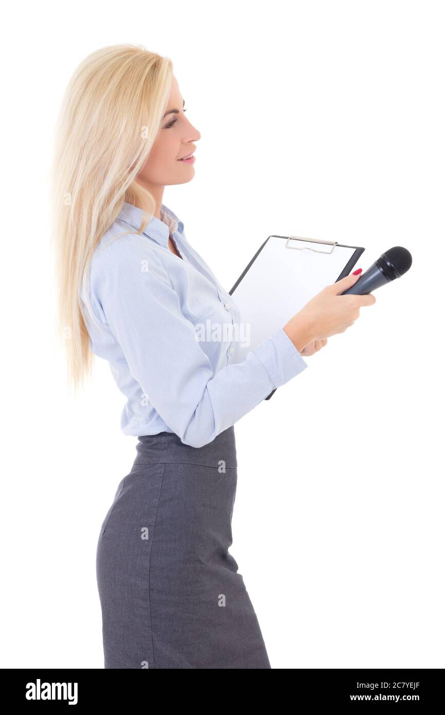 female reporter with microphone and clipboard isolated on white ...