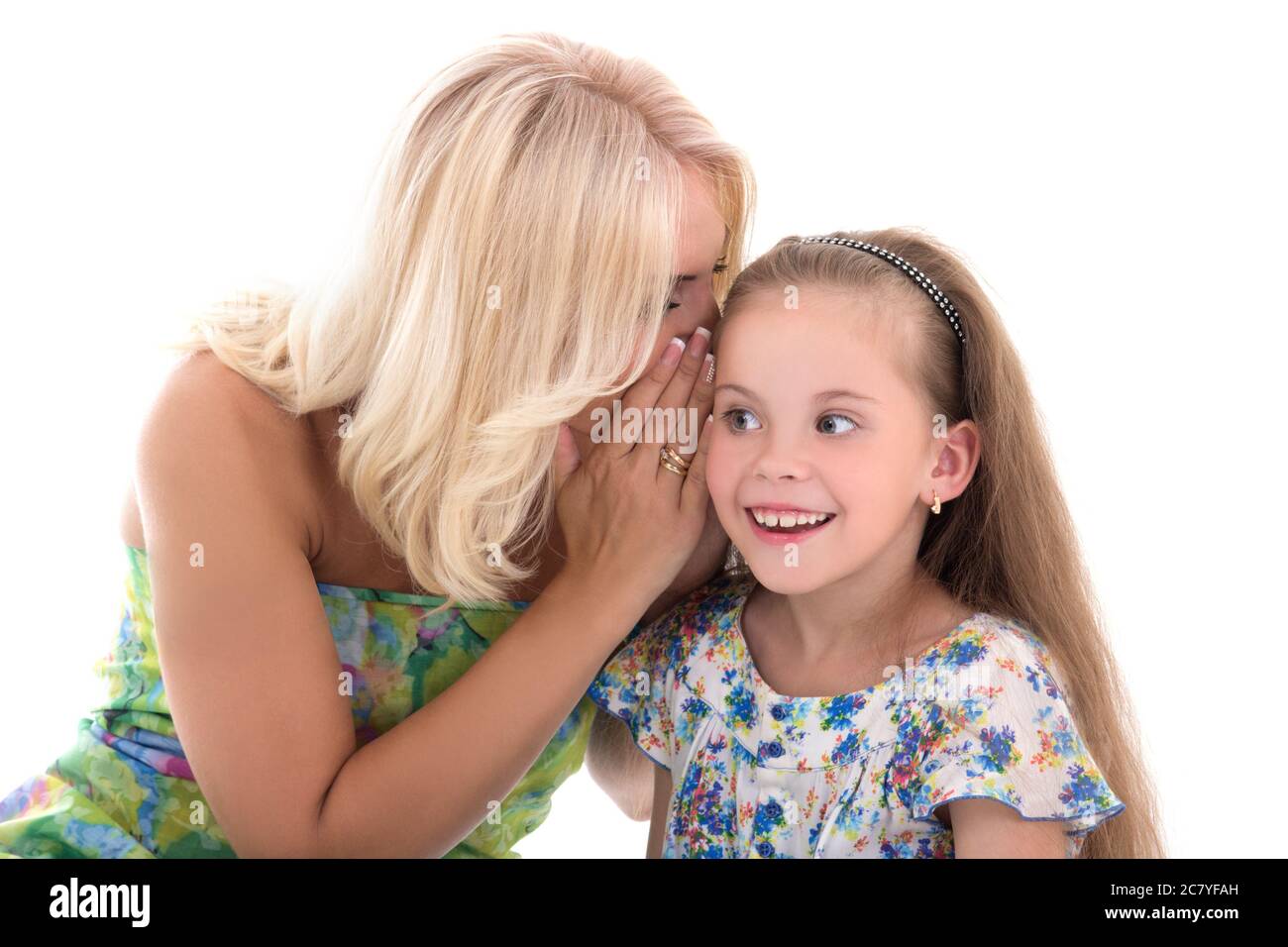 mother and daughter sharing gossiping isolated on white background ...