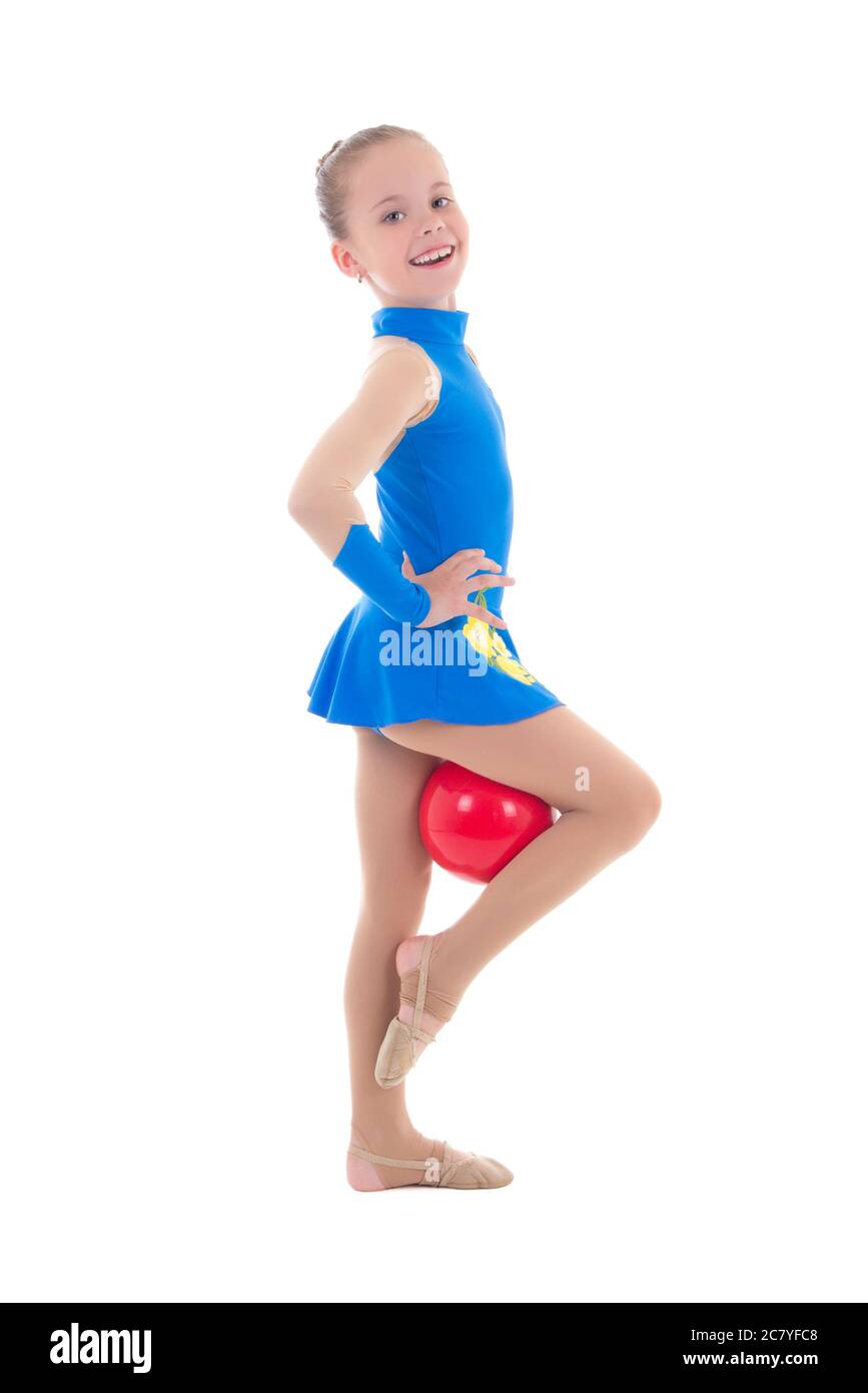 cute little girl doing gymnastics with ball isolated on white ...