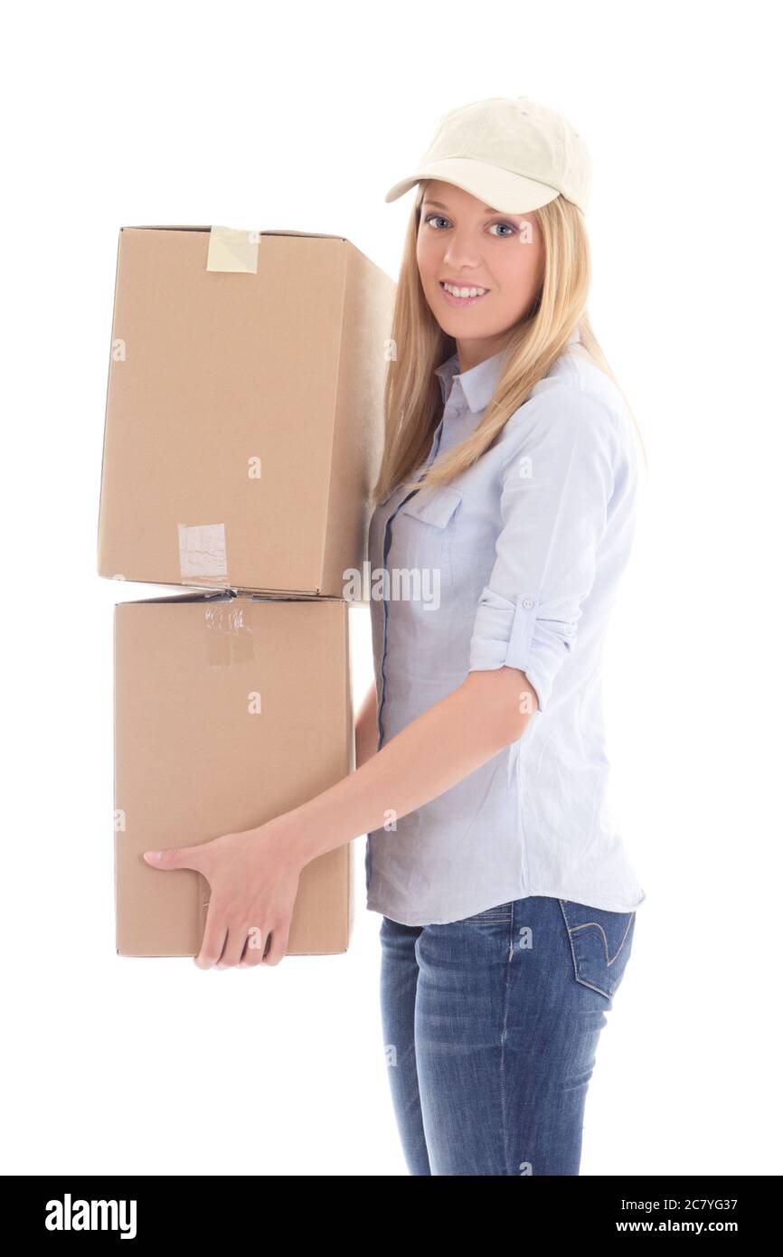 post delivery woman holding carboard boxes isolated on white background ...