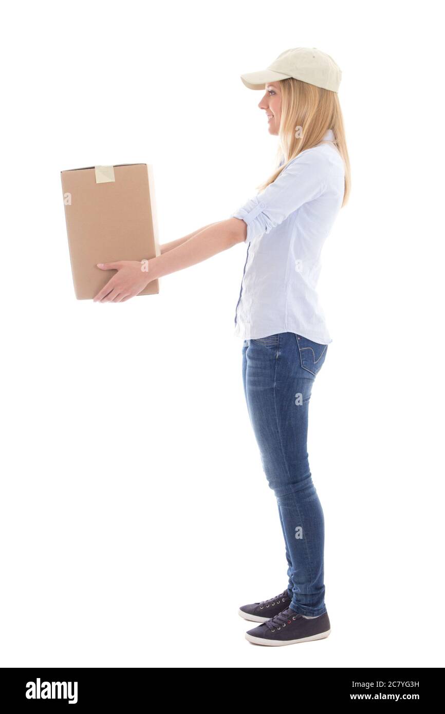 post delivery service woman giving box isolated on white background ...