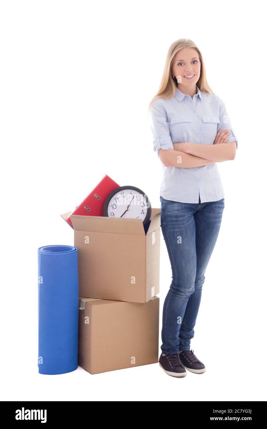 woman ready for moving day isolated on white background Stock Photo - Alamy
