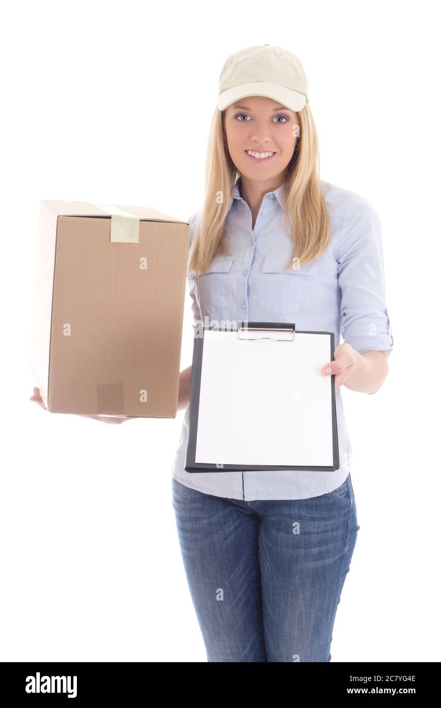 post delivery service woman with box and blank clipboard isolated on ...