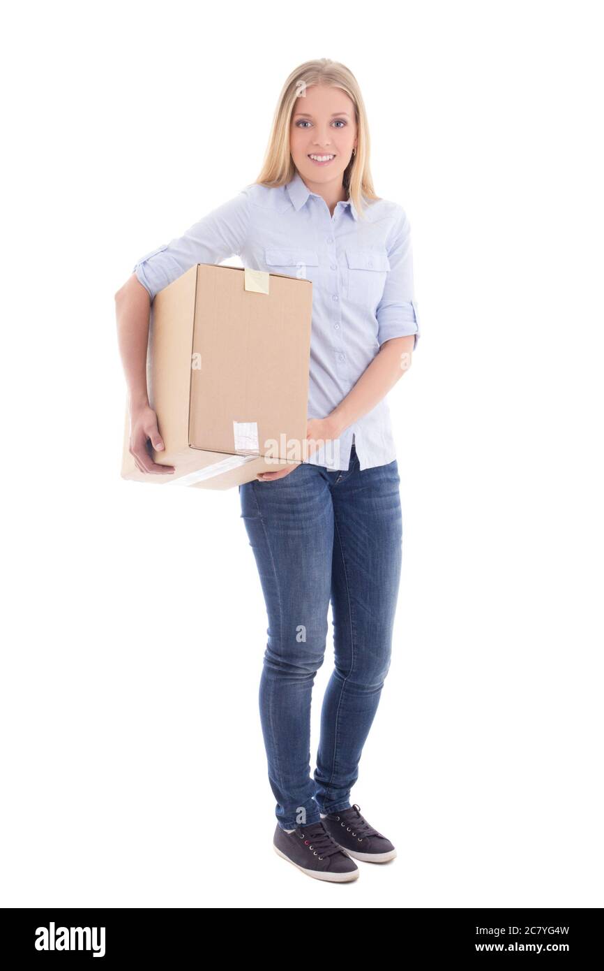 young blond woman with cardboard moving box isolated on white ...
