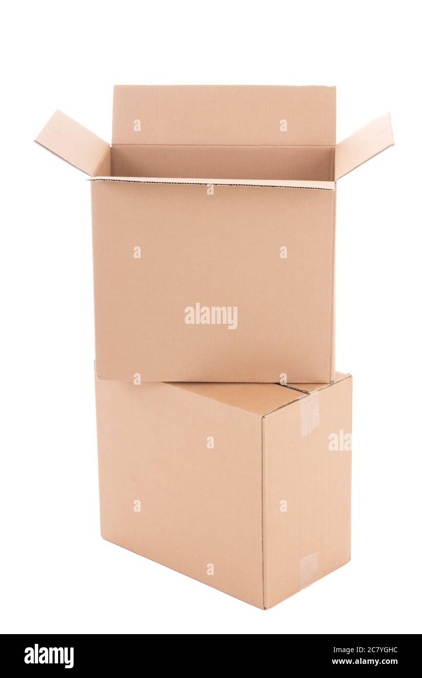 two open brown corrugated cardboard boxes isolated on white background ...