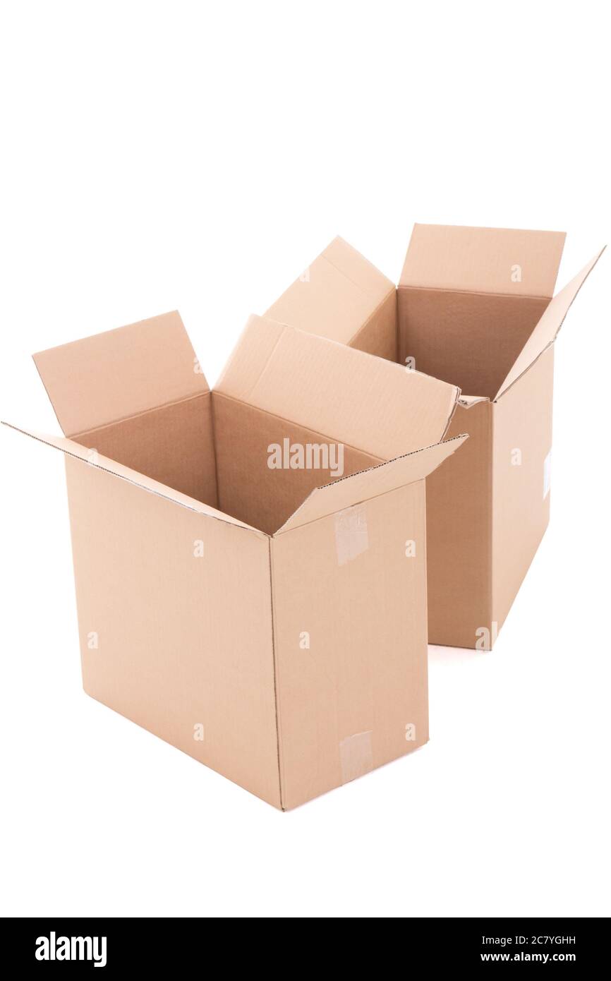 two open brown corrugated cardboard boxes over white background Stock ...
