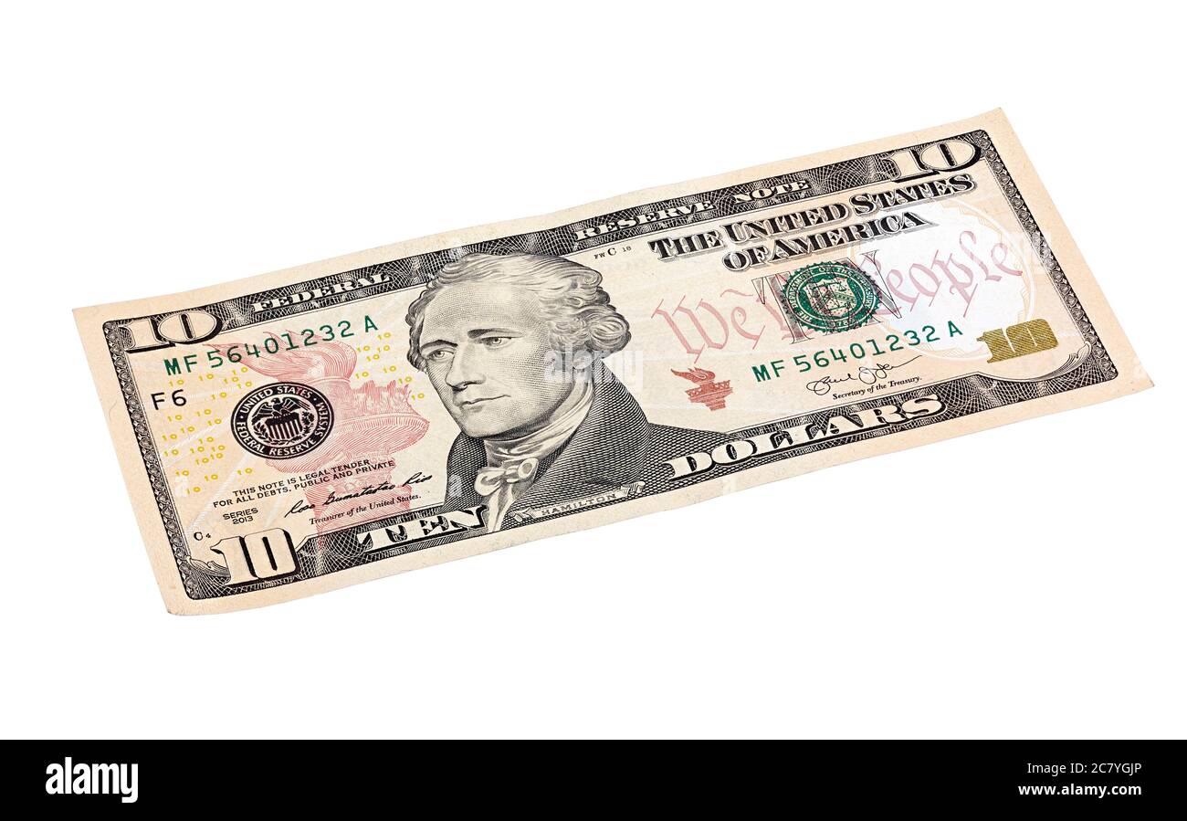 10 U.S. dollars stacked, isolated on white. Photo made at an angle ...