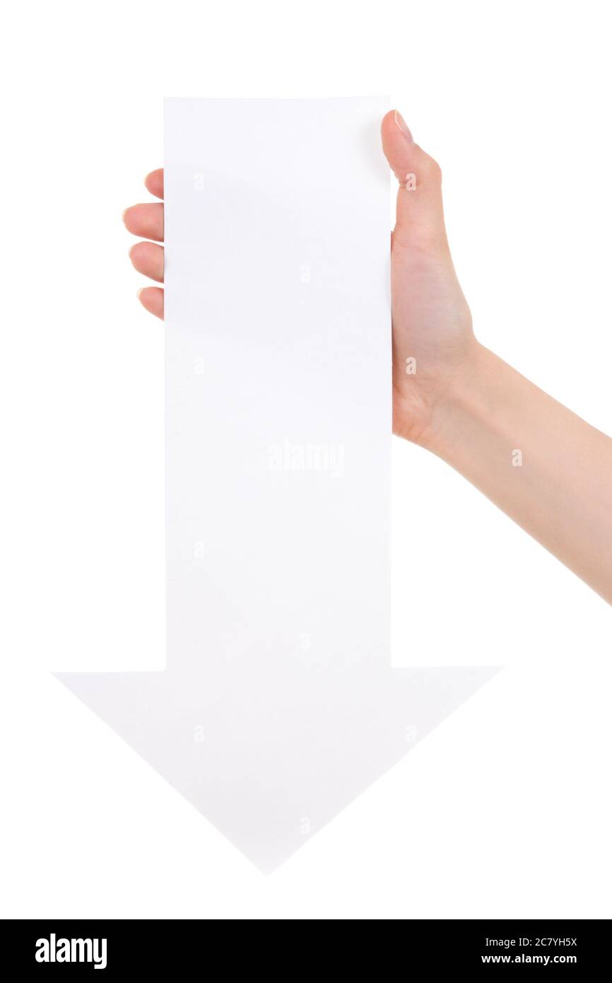 woman hand with arrow down isolated on white background Stock Photo - Alamy