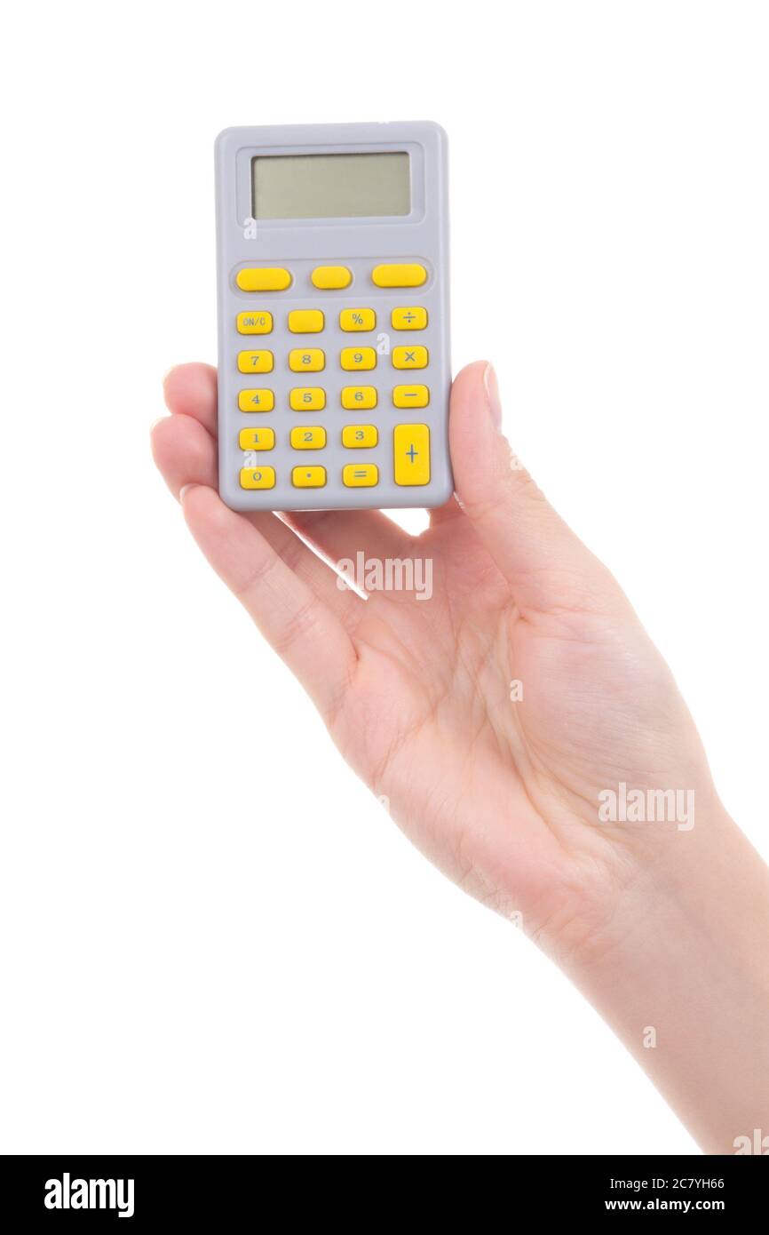 woman hand holding pocket calculator isolated on white background Stock ...