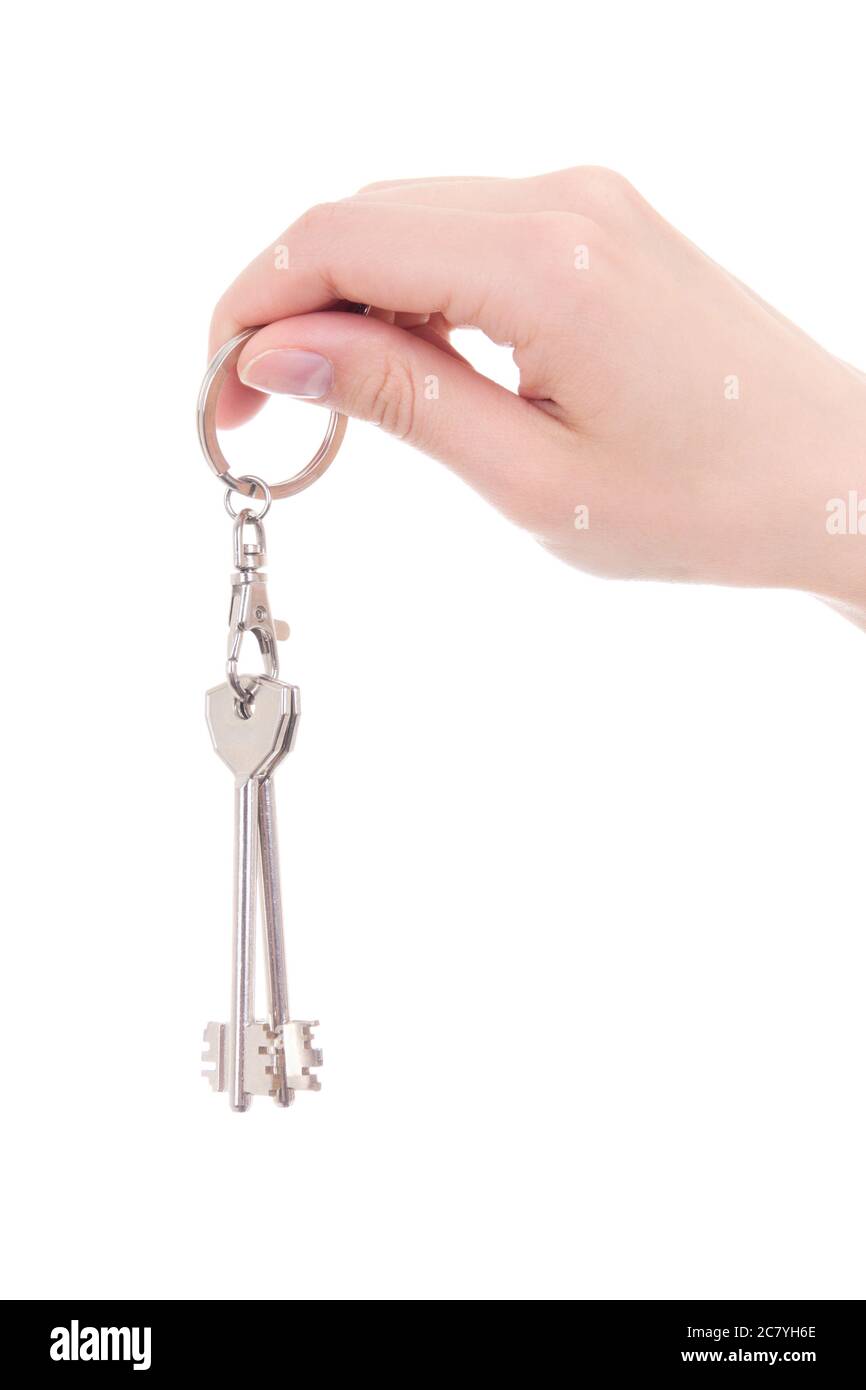 woman hand holding keys isolated on white background Stock Photo - Alamy