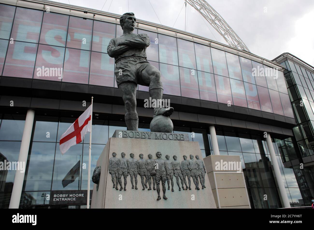 Wembley, UK. 19th July, 2020. The Bobby Moore Statue on the concourse ...
