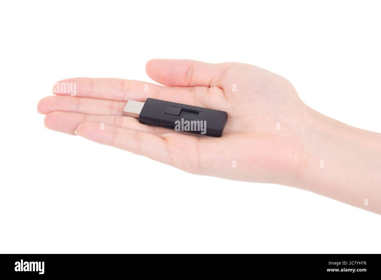 black flash drive in woman hand isolated on white background Stock ...