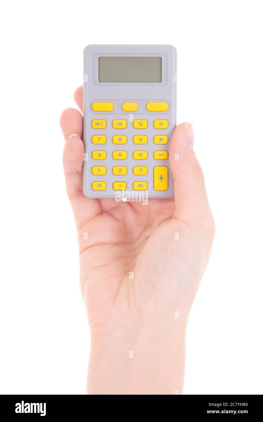 pocket calculator in woman hand isolated on white background Stock ...