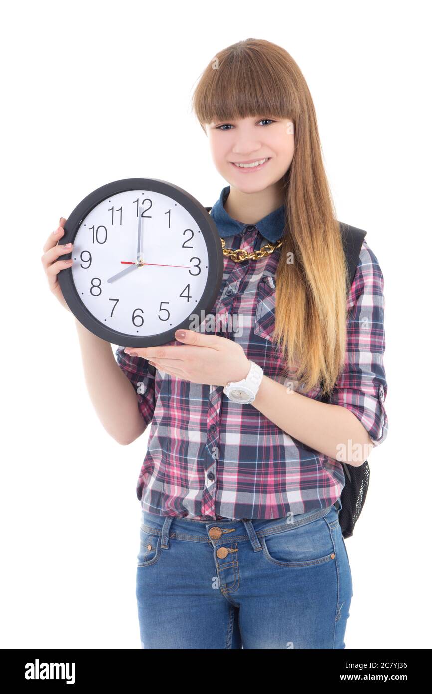 cute teenage girl with clock isolated on white background Stock Photo ...