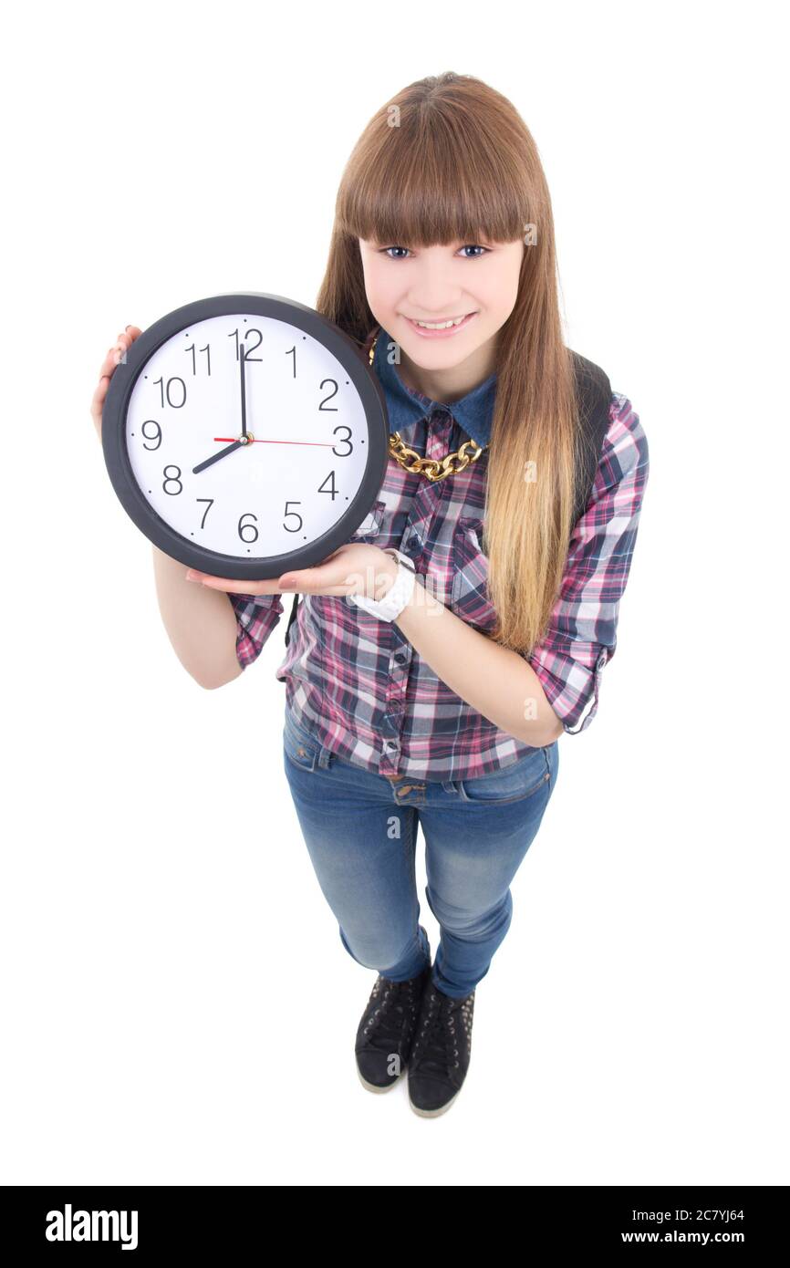 beautiful teenage girl with clock isolated on white background Stock ...